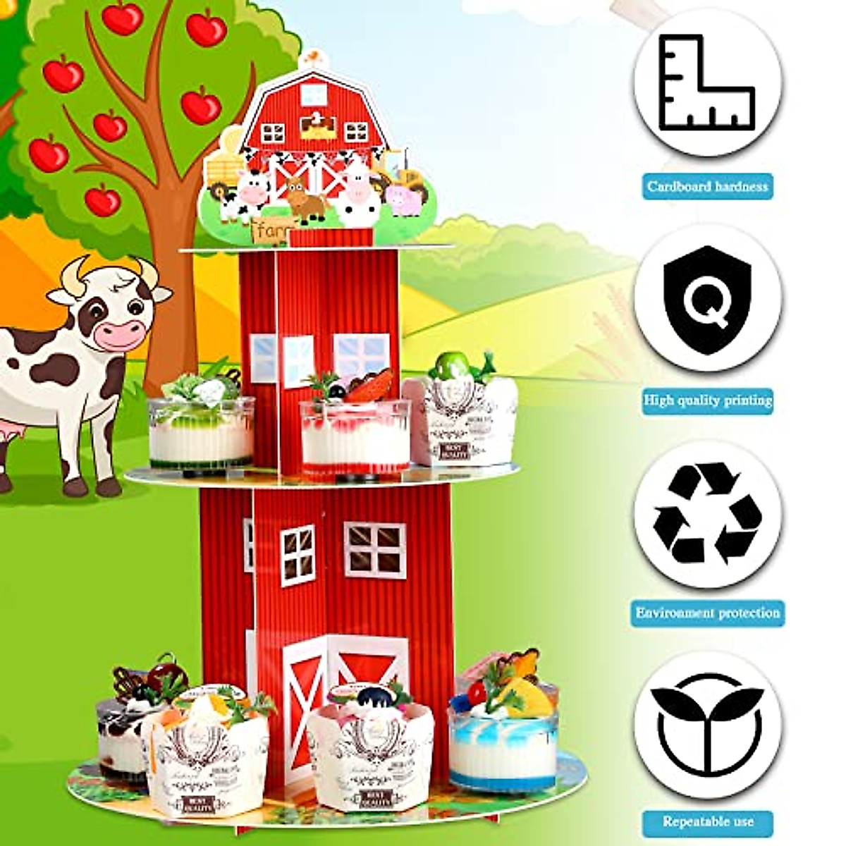 Farm Cupcake Stand 3 Tier Farm Theme Animal Cup Cake Holder Stand Cardboard Farmhouse Dessert Tower Round Barnyard Pastry Serving Platter for Farm Party Supplies Birthday Baby Shower Party Decorations