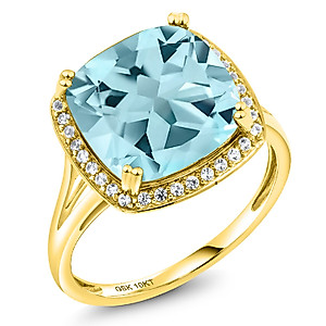 Gem Stone King 10K Yellow Gold Sky Blue Topaz and White Created Sapphire Ring For Women (8.54 Cttw, Cushion 12MM, Gemstone Birthstone, Available In Size 5, 6, 7, 8, 9)