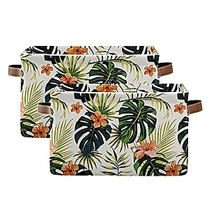 panksolu Tropical Palm Leaf Floral Storage Basket Collapsible Cloth Storage Cube Basket Bins Organizer with Handles Rectangular Large Toys Shelf Closet for Nursery Bedroom Home Office