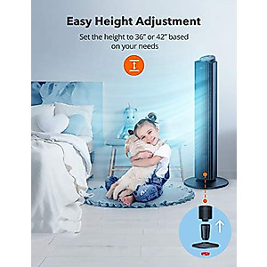 Orgtoy Tower Fan for Bedroom, 42” Oscillating Cooling Fan with Remote, Height Adjustable, 12H Timer, 5 Speeds, LED Display, Low Noise, Touchpad, Space-Saving, Quiet Stand Up Fan for Offices and Home