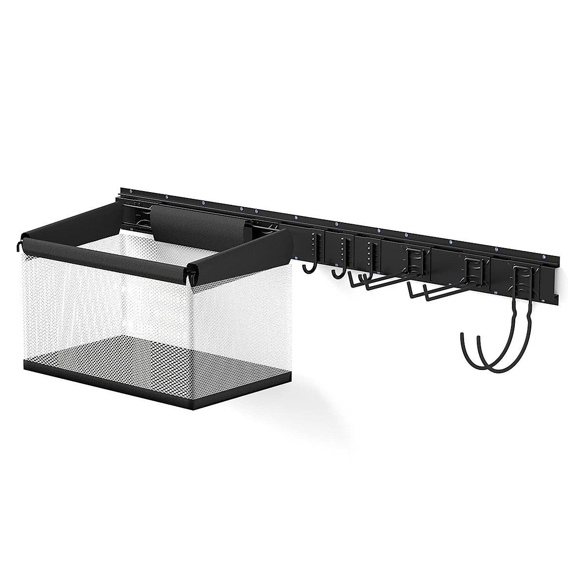 Netwal Tool Storage Rack Wall Mount Ball Storage Basket ＆6 Pcs hooks，Garage Organization，Heavy Duty Steel Hanger，for Gardening Tools，Dog Toy's Storage