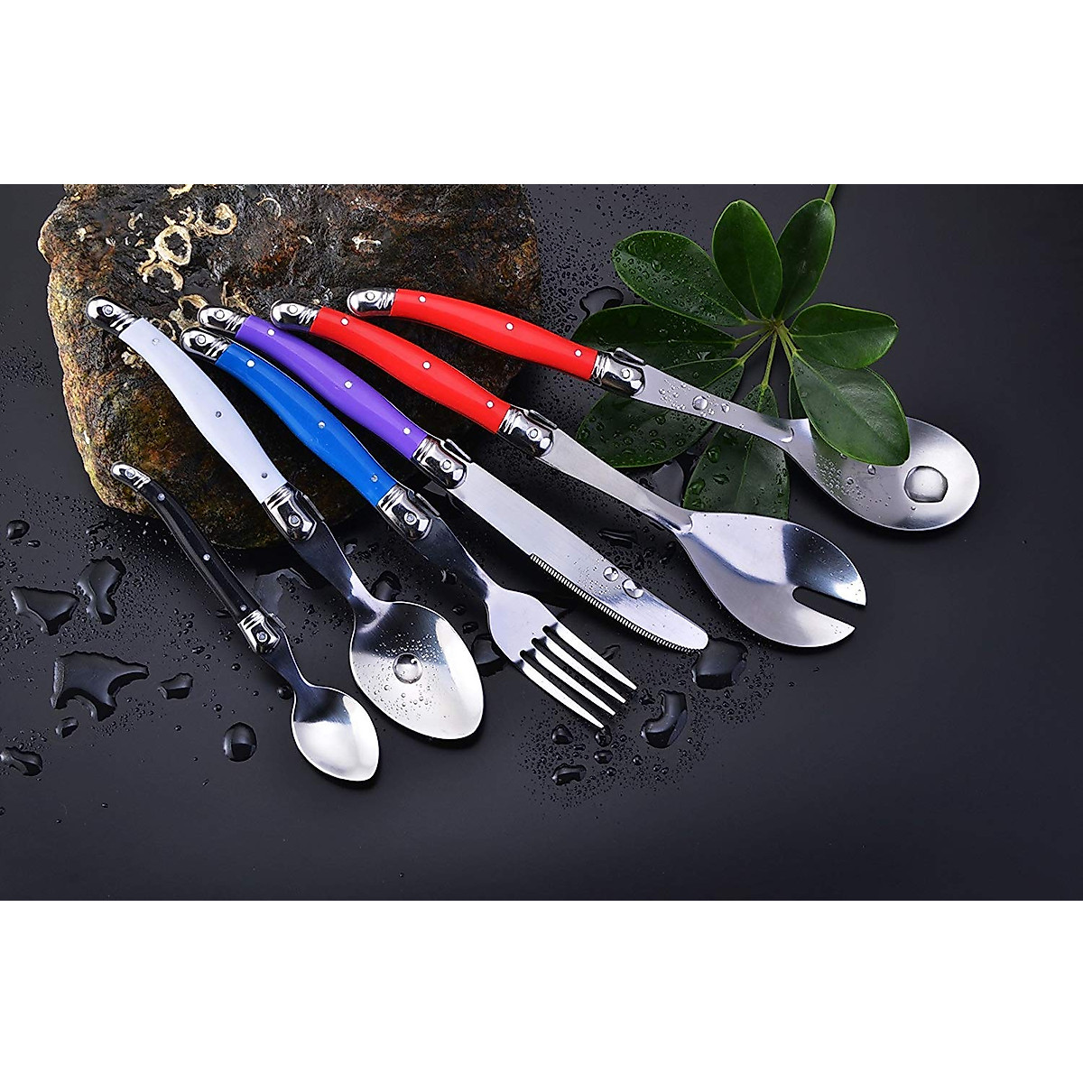 Laguiole By FlyingColors Stainless Steel Flatware Set. Multicolor Handles, Wooden Storage Box, 34 Pieces