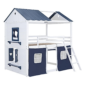 Harper & Bright Designs House Twin Loft Bunk Bed with Tent, Kids Loft Bed with Ladders,Guardrail, Windows and Roof, Wood Twin Over Twin Playhouse Bunk Bed for Kids Teens Boys & Girls (Blue & White)
