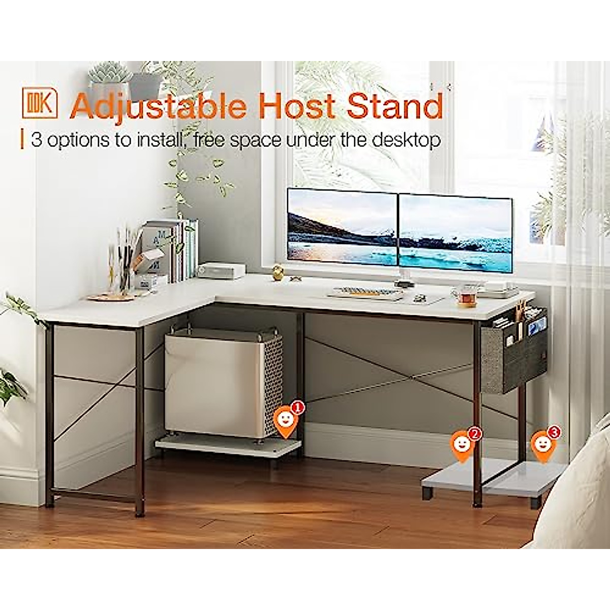 ODK L Shaped Desk with Storage Bag - 50 Inch Home Office Desk with Host Stand, White Reversible Computer Corner Desk for Bedroom Studio, Modern PC Gaming Desk for Study Writing