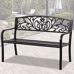 Dkeli 50” Garden Patio Bench Outdoor Metal Park Bench Furniture Cast Iron Porch Chair Seat with Armrests 480BLS Bearing Capacity for Park Yard Deck Lawn, Black