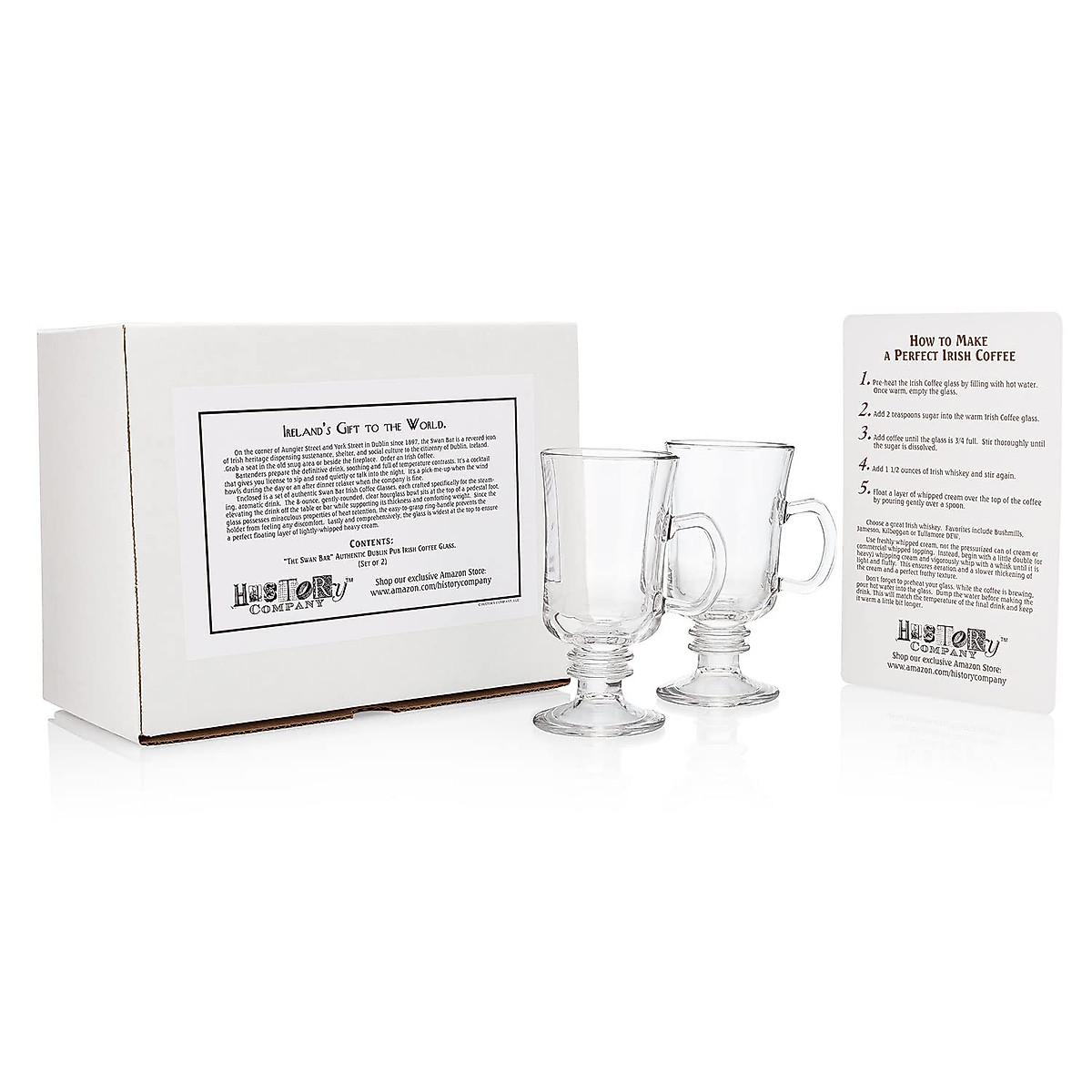 HISTORY COMPANY “The Swan Bar” Authentic Dublin Pub Irish Coffee Glass 2-Piece Set (Gift Box Collection)