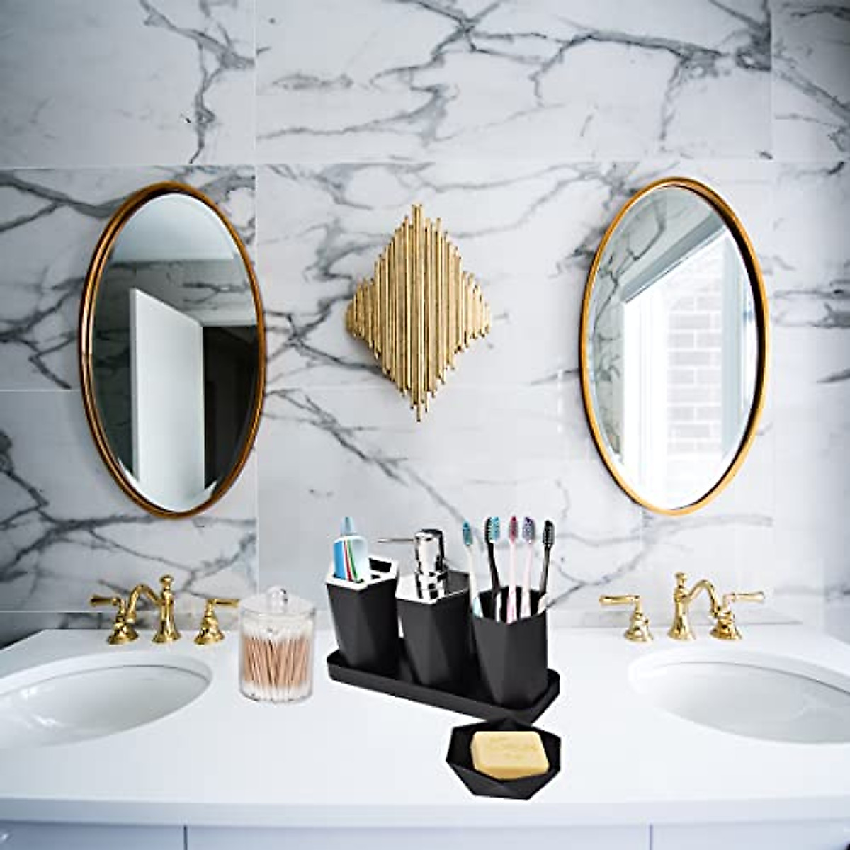 Black Bathroom Accessories Set 8 Piece,Toothbrush Holder Cup Soap Dish Lotion Soap Dispenser Trash can Toilet Brush Holder Cotton Swab Box Bath Set for Decorative Countertop and Housewarming Gift