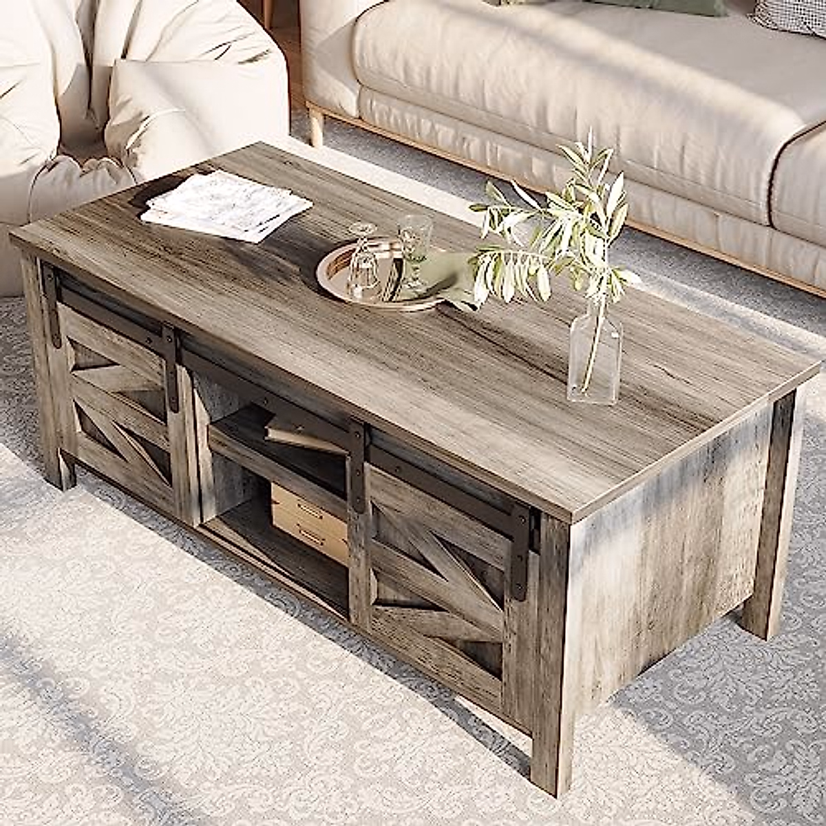 Furmax Coffee Table with Storage and Sliding Barn Doors, Farmhouse Living Room Table with Adjustable Shelves, Wood Rustic Center Table for Home Living Meeting Room (Light Rustic Oak)