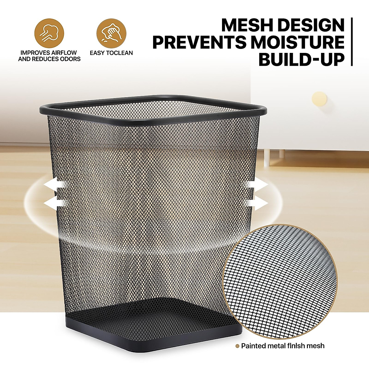 MoNiBloom 5-Gallon Square Mesh Trash Can for Office Small Metal Wire Garbage Bin Wastebasket for Home Bedroom Under Desk Dorm Room Lightweight Open-Top Waste Paper Recyling Basket (Black, 2-Pack)