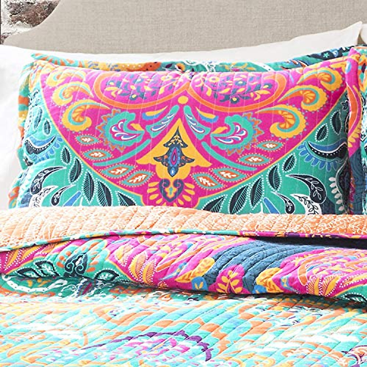 Lush Decor Boho Chic Reversible 3 Piece Quilt Bedding Set - Turquoise/Navy - King