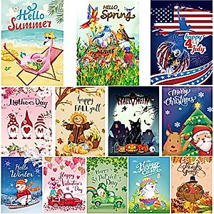 Seasonal Garden Flags Set of 12 Double Sided 12 x 18 Inch Yard Flags, Small Garden Flags for Outside, Christmas Spring Summer Fall Winter Outdoor Flags, Holiday Garden Flags for All Seasons