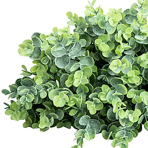 6 Bundles Artificial Boxwood Shrubs Eucalyptus Greenery Stems Fake Plants Outdoor Fade Resistant Faux Plastic Plants for Garden Home Porch Patio Window Box Bedoom Decor, Frosted Green