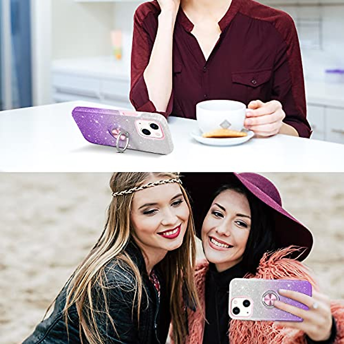 GUAGUA Compatible with iPhone 13 Mini Case 5.4 Inch Glitter Sparkle Bling Cute Cover for Girls Women with Pink Ring Holder Kickstand Shockproof Protective Case for iPhone 13 Mini Gradient Purple
