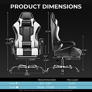GTPLAYER Gaming Chair, Computer Chair with Footrest and Lumbar Support, Height Adjustable Game Chair with 360°-Swivel Seat and Headrest and for Office or Gaming (White)