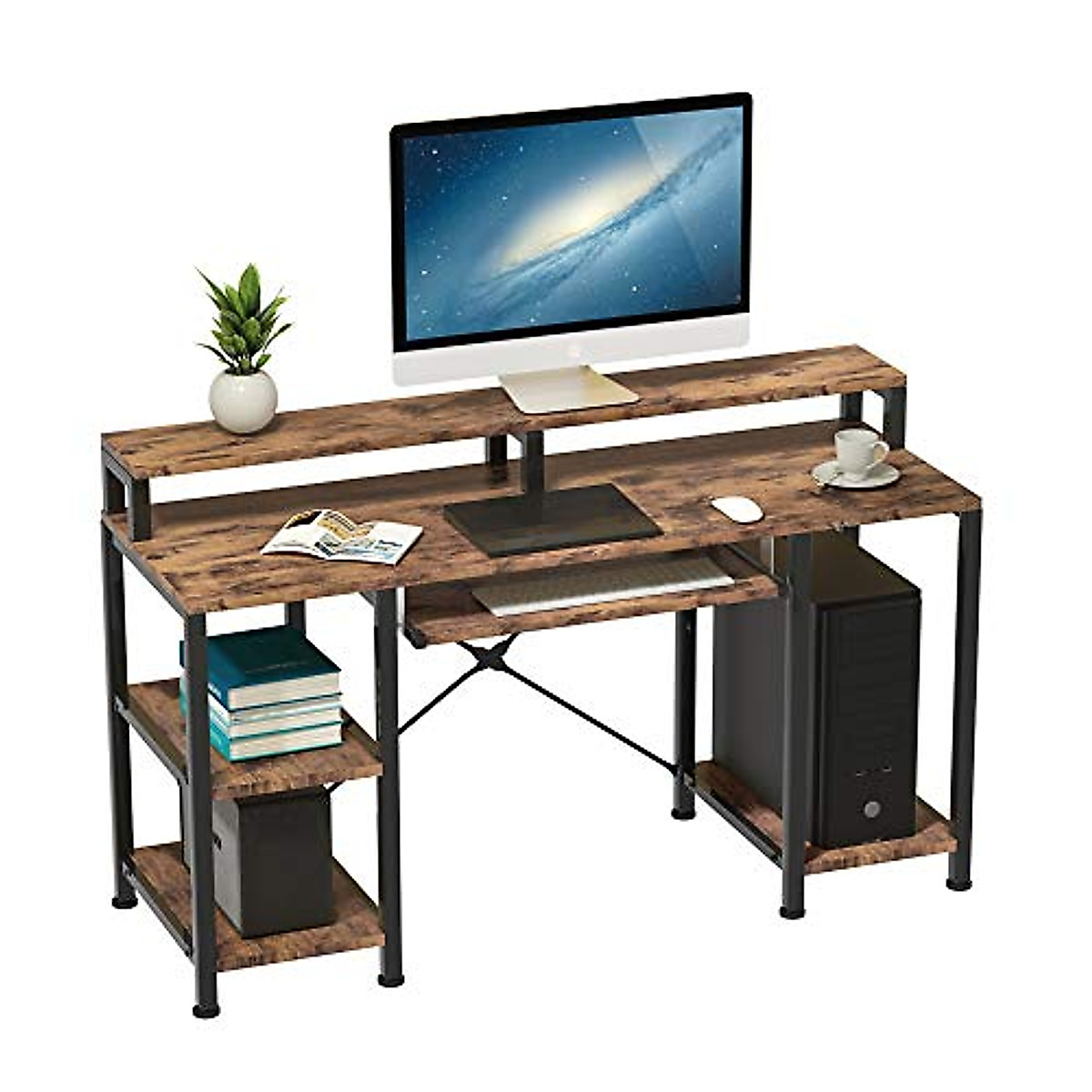 TechLand Industrial Computer Desk with Storage Shelves/Keyboard Tray/Monitor Stand, Modern Study Writing Table Workstation for Home Office