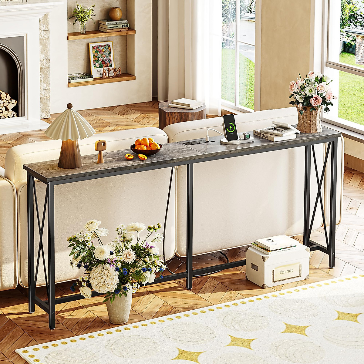 SUPERJARE 70 Inch Console Table with Outlet, Extra Long Sofa Table with Charging Station, Couch Table Behind Sofa, Foyer Tables for Entryway, Living Room - Gray