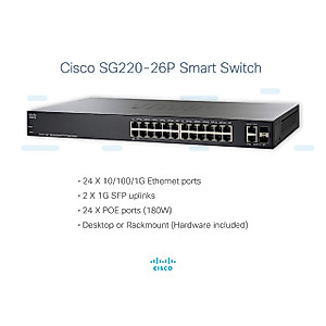 Cisco SG220-26P Smart Switch | 26 Gigabit Ethernet (GbE) Ports | 2 Gigabit Ethernet Combo Mini-GBIC SFP | 180W PoE | Limited Lifetime Protection (SG220-26P-K9-NA)