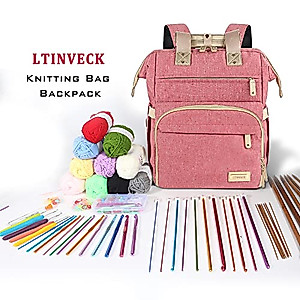 Knitting Bag Backpack,Yarn Storage Organizer Travel Crochet Bag with USB Charging Port,Large Capacity Yarn Storage Tote Bag Yarn Holder Case for Carrying Projects, Knitting Needles, Crochet Hooks Pink
