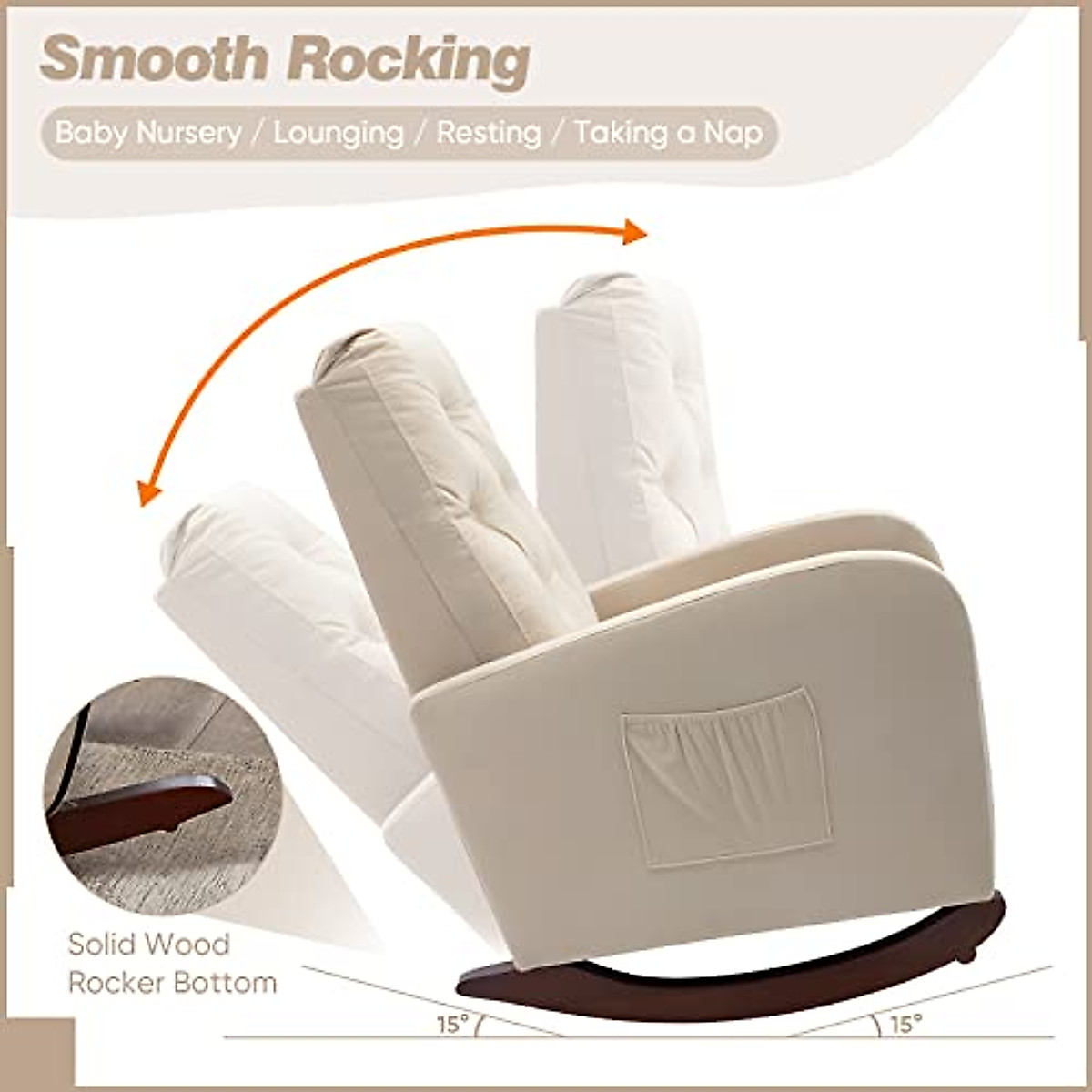 Deolme Velvet Rocking Chair, Upholstered Glider Rocker Accent Chair, Modern Armchair with High Back for Nursery, Comfy Side Chair for Living Room, Bedroom (Beige)