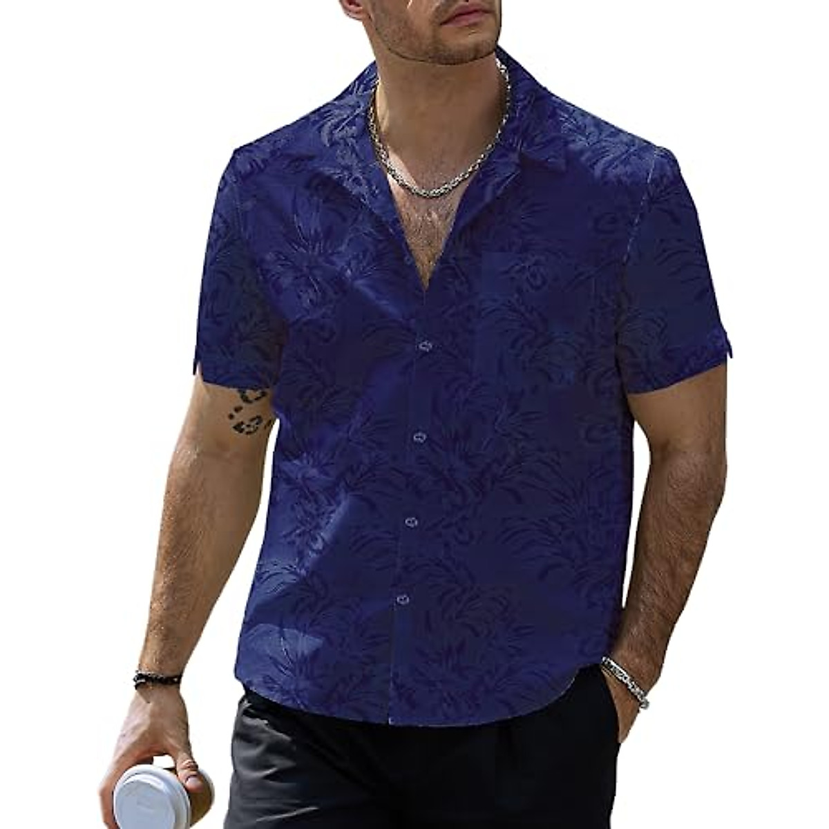 VATPAVE Men's Hawaiian Floral Jacquard Shirt - Casual Button Down Short Sleeve Summer Shirt With Pocket - XX-Large Navy Flower