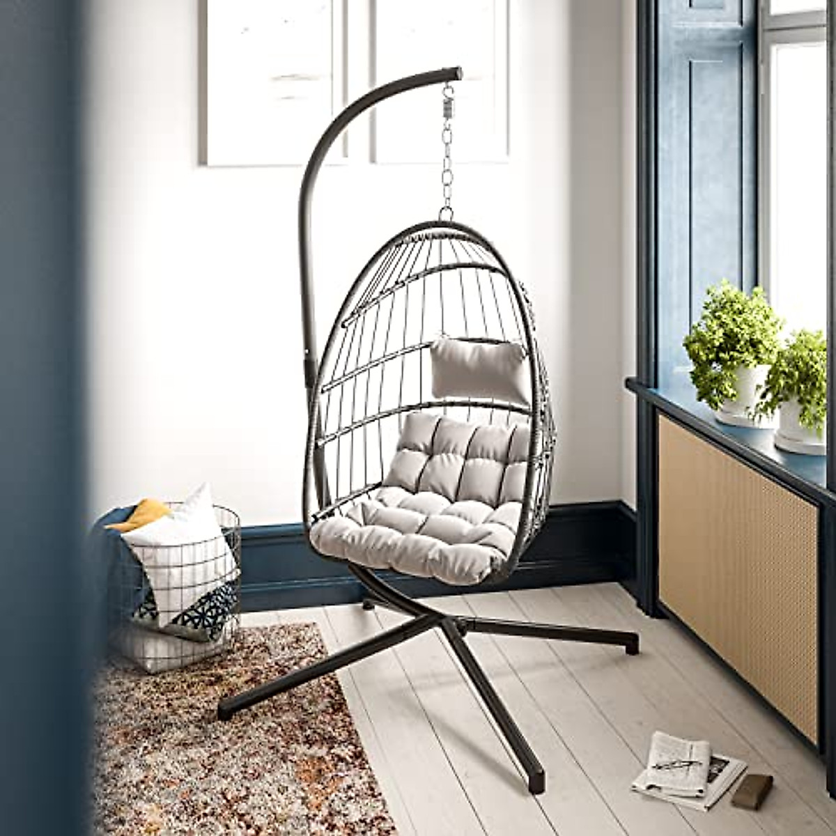 Flash Furniture SDA-AD608001-GY-GG Cleo Patio Hanging Egg Chair, Wicker Hammock with Soft Seat Cushions & Swing Stand, Indoor/Outdoor Cushions, Gray