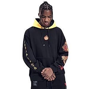 MFCT Japanese Streetwear Embroidered Fleece Hoodies for Men (Large, Black1)
