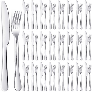 Nuenen 50 Pieces Stainless Steel Forks Silverware Set, Dinner Forks and Knives Flatware Set Christmas Tableware Cutlery Set for Kitchen Restaurant(8.07 x 0.94 Inch, 9.06 x 0.79 Inch,Shiny Silver)
