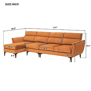 POCIYIHOME 111" Convertible Sectional, Flannel L Shape Upholstered Living Room Couch with Left/Right Facing Handed, 5 Seats Indoor Modular Sofa Chaise for Office,Apartment, Metal Leg, Orange