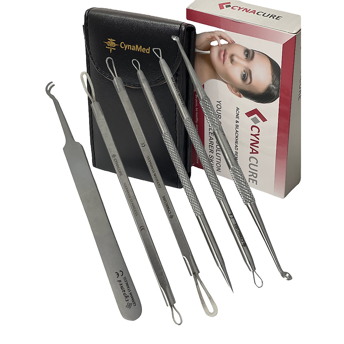 German Stainless Professional set of 6- Blackhead Remover Comedones Extractor Acne Removal Kit for Blemish,Whitehead Popping, Zit Removing for Nose Face Tools-Blackhead Removal w/zipper Leather case