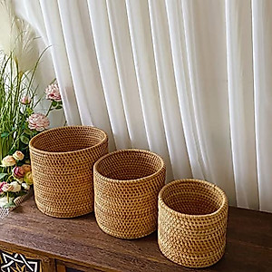 generic Rattan Storage Basket Rustic Woven Basket Desktop Garbage Bin Organizer Sundries Storage Bin for Bedroom Office Study Room - Size L, 9x9x8 Inch