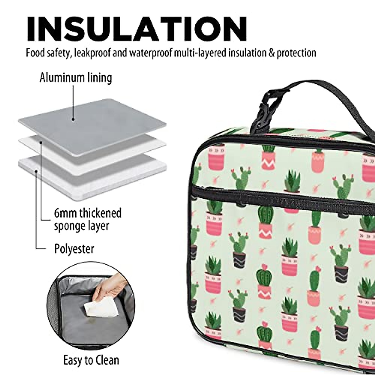 Insulated Lunch Bag for Kids, Leakproof Reusable Boys Girls Lunch Box Container with Detachable Buckled Handle, Durable Nylon Cooler Lunch Tote with Side Pocket for Work School Adult (Green Cactus)