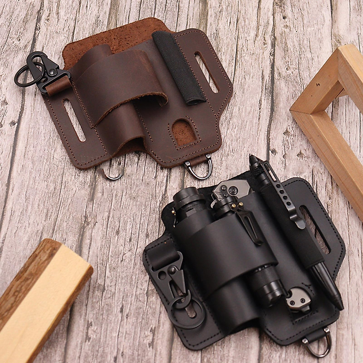 YIFULIN Leather Belt Sheath with Key Holder Pen Clip Tactically Tool Holsters Multitool Leather Sheath Organizers Belt Waist Bag Multitool Pockets Organizer Pouch