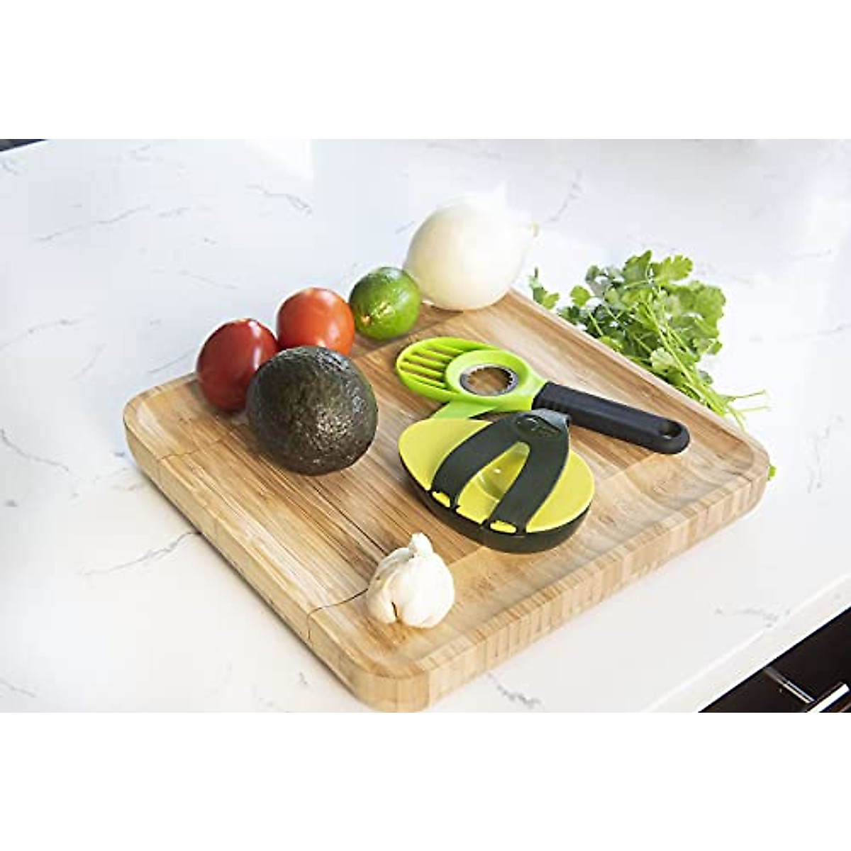 Simply Served Avocado Slicing and Storage Set, 3-in-1 Avocado Slicing Tool, Split, Pit, and Slice Avocados Safely and Effectively, Store Avocados and Reduce Browning, Green