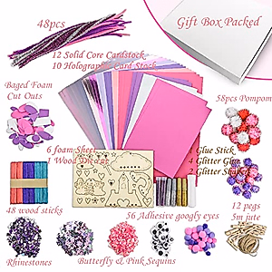 Livholic Card Making Kit for Girls with Purple & Pink Cardstock Paper Pipe Cleaners Googly Eye Foam Sheet Wood Die Cut Pom Poms Sequins All in One Craft Supplies & Materials Box for 8-12 Kids