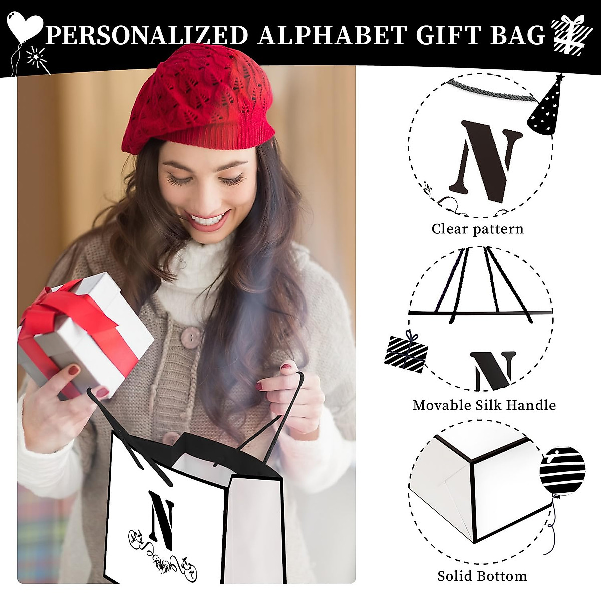 Letter Gift Bag with Wrapping Tissue for Men Women Boy Girl, 12" Large White Black Paper Bag for Birthday Anniversary Baby Shower Wedding Party - Single N