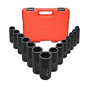 Neiko 02476A 1/2" Impact Socket Set, 14 Piece 6 Point Impact Set, Standard Impact Socket Set, SAE Sizes (3/8-Inch to 1-1/14") Cr-V Steel, Deep Socket Set 1/2 Drive