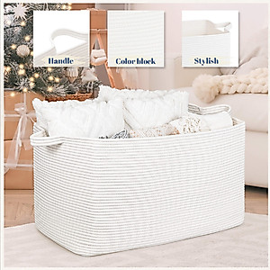 ZLG 90L Large Cotton Rope Rectangular Basket- White Woven Storage Basket - Ideal for Baby Quilt, Toy, and Clutter Sorting Basket, 24.4 "x 15" x 15 "