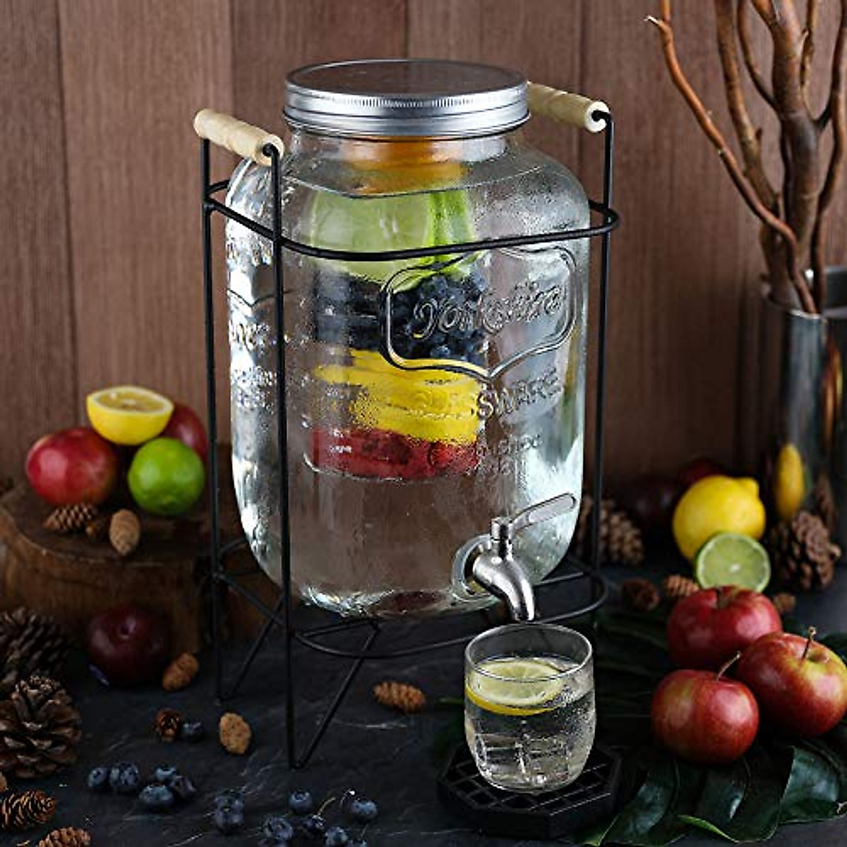 2 Gallon Glass Beverage Dispenser with Ice and Fruit Infusers, Metal Wire Stand with Wooden Handles, Drip Tray and Stainless Steel Spigot- Mason Drink Dispenser for Iced Tea, Kombucha, Infused Water