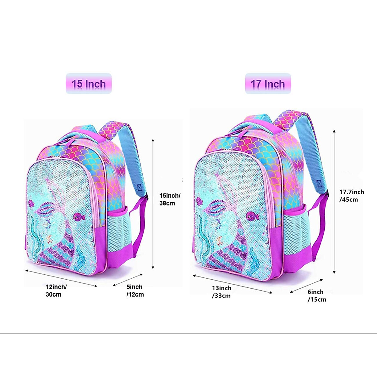 Usnyabni THE Crafts Reversible Sequin School Backpack Lightweight Little Kid Book Bag for Preschool Kindergarten Elementary (17", Mermaid