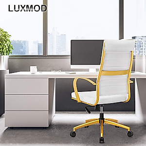 LUXMOD Ergonomic Office Chair, High Back Executive Chair in White Vegan Leather with Gold Accents, Adjustable Desk Chair with Back Support for Home Office(White)