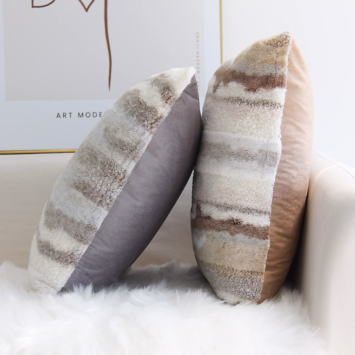 JOJUSIS Plush Short Wool Fluffy Decorative Throw Pillows Covers 16 x 16 Inch Luxury Soft Faux Fur Fleece Cushion Cover Pillowcase Pack of 2 Khaki