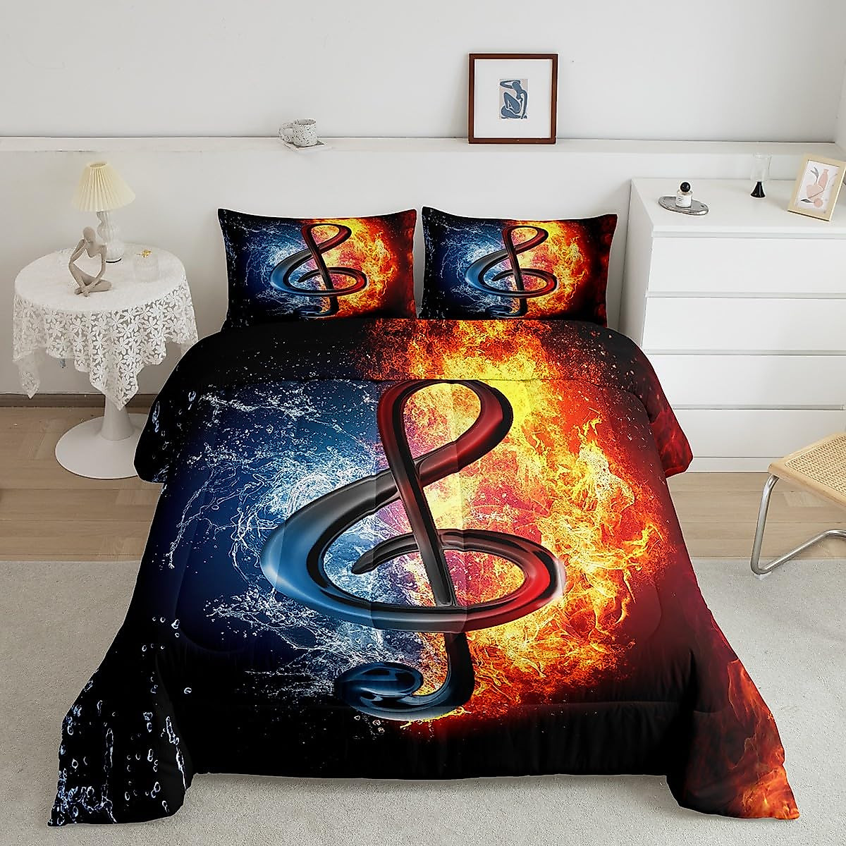 Feelyou Music Themed Comforter Set Water Flame Music Note Print Bedding Set King Size Luxury Musical Comforter for Kids Boys Girls Men Women Decor Hipster Duvet Set Boys