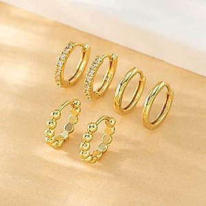 DAILY VIBES Small Gold Hoops Huggie Earrings for Women 14K Real Gold Plated Dainty Cubic Zirconia Mini Bead Cartilage Earring Hypoallergenic Hoop Earrings Set for Women