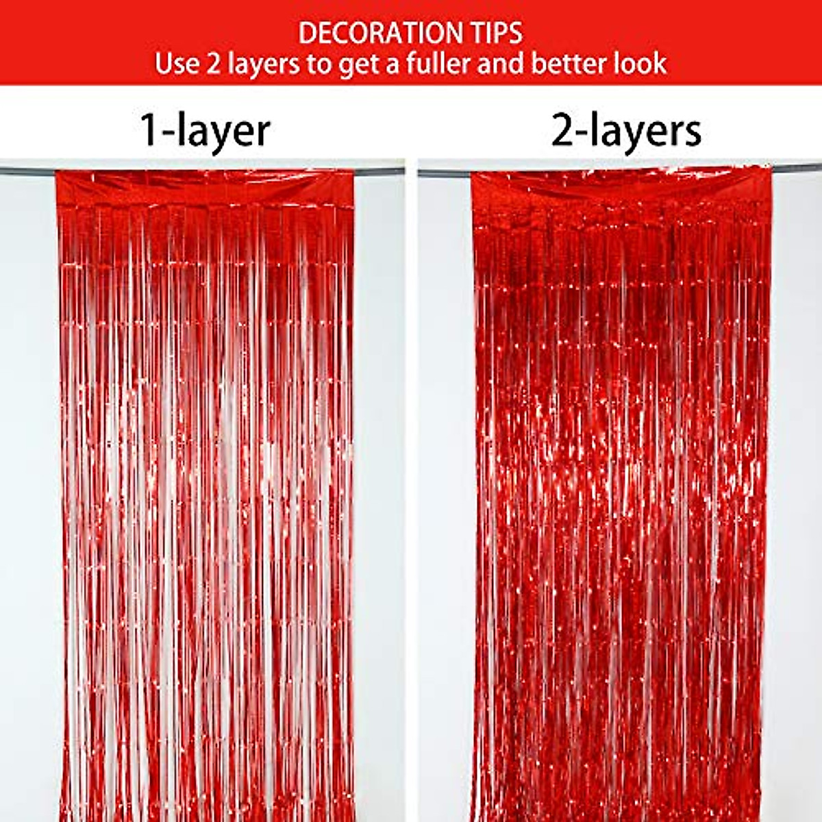 Melsan 2 Pack 3.2 ft x 8.2 ft Tinsel Foil Fringe Curtains Backdrop, Sparkle Fringe Curtains for Party Photo Background Decoration, Red