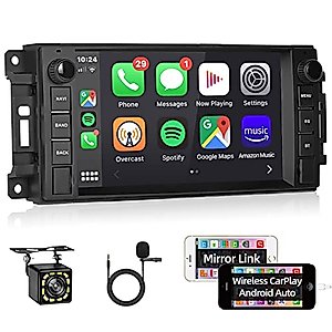 Wireless Carplay Car Stereo for Jeep Wrangler Dodge Chevrolet Chrysler, 7 Inch Touchscreen Android Car Radio with Bluetooth, Backup Camera, GPS Navigation, WiFi, FM RDS Radio, USB, Mic, Mirror Link