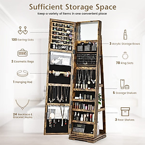 COSTWAY 360 Rotating Jewelry Armoire Cabinet, Standing Jewelry Organizer w/Full-Length Mirror & Large Storage Space, Lockable Mirror Jewelry Cabinet for Girls Women (Rustic Brown)