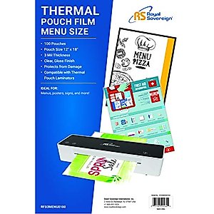 Royal Sovereign 3 Mil Thermal Laminating Pouches, 100 Pack, Menu Size, 18" x 12" x 0.6" Inches, Clear Gloss (RF03MENU0100)