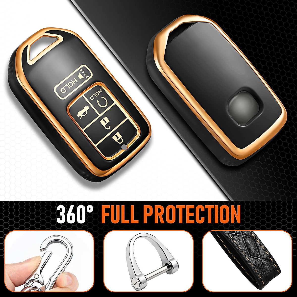 Toykee for Honda Key Fob Cover Keychain Accessories for Accord Civic CR-V CRV Pilot Passport HRV EX EX-L Touring Premium Odyssey 5 Buttons, TPU Case+D-Ring+Key Chain+Hook(Black)