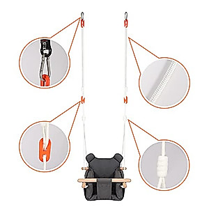 RedSwing Canvas Baby Swing, Wooden Hanging Swing Seat Chair Indoor, with Safety Belt, Dark Gray