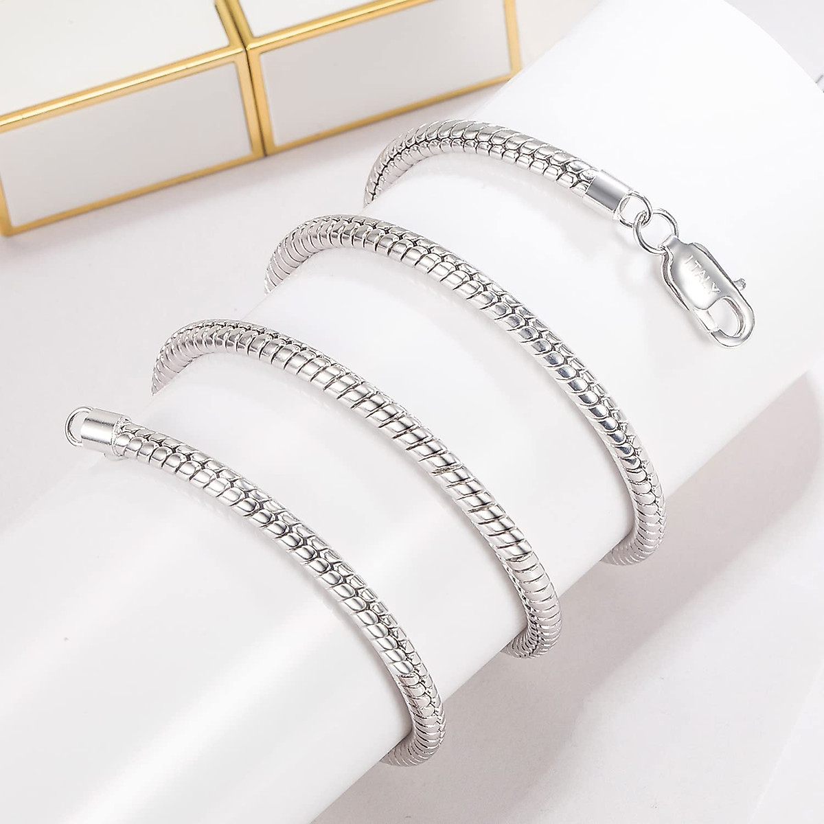 Dankadi Italy 925 Sterling Silver Snake Chain Necklace Men & Women 3MM-4MM Rolo Link Round Chain Chokers 16 "18 "20" 22 "24" 26 "28" 30" Unisex Fine Jewelry Gift (4MM, 24 inches)